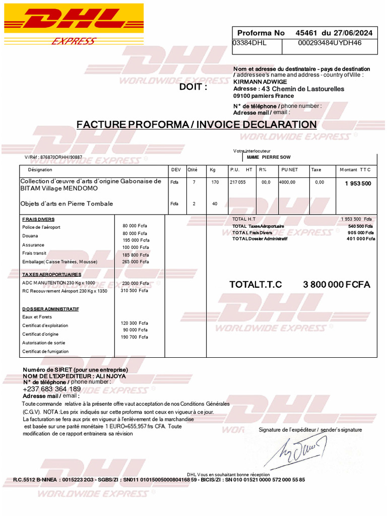 Facture Proforma DHL pour Envoi | PDF | Devises | Échange international