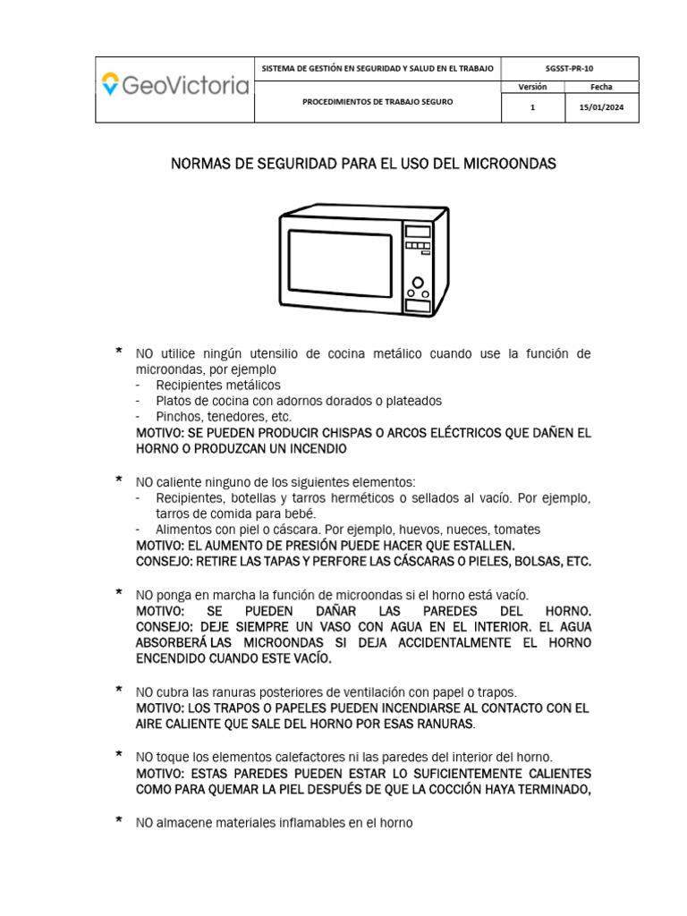Procedimiento de Uso Seguro Del Microondas | PDF | Estufa de cocina | Hirviendo