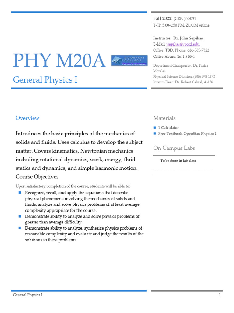 2022 Spring Syllabus Physics M20A | PDF | Physics | Classical Mechanics
