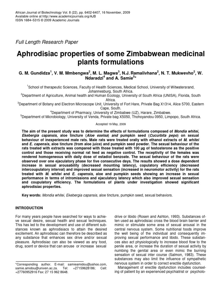 Aphrodisiac Properties of Some Zimbabwean Medicinal Plants Formulations ...