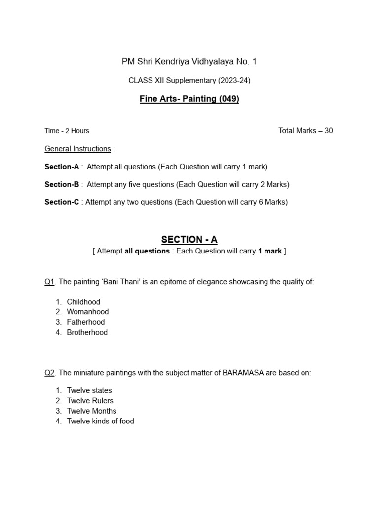 Fine Arts Exam: Class XII 2023-24 | PDF | Paintings