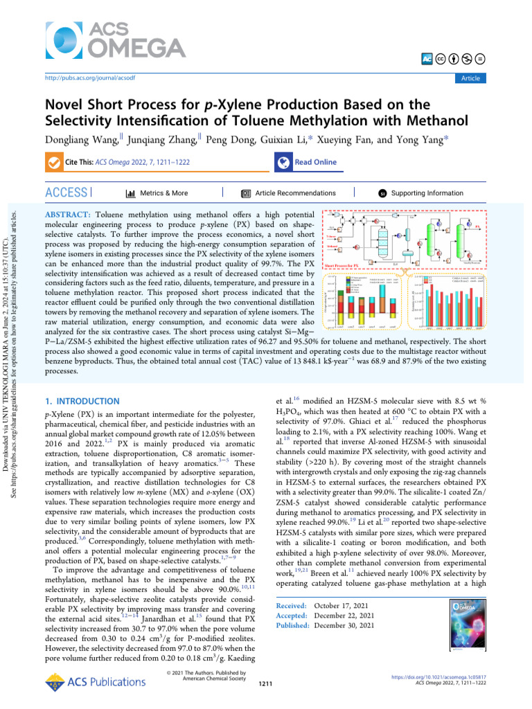 Wang Et Al 2021 Novel Short Process For P Xylene Production Based On ...