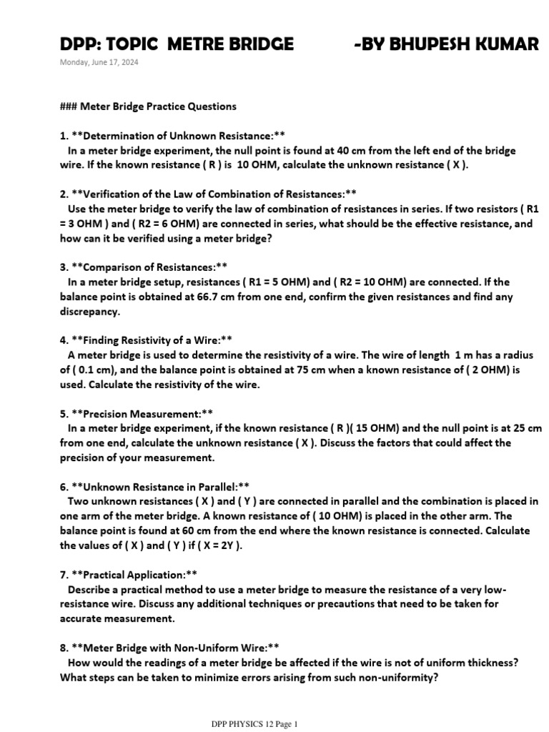 DPP Topic Metre Bridge - by Bhupesh Kumar | PDF | Electrical Resistance And Conductance | Metre