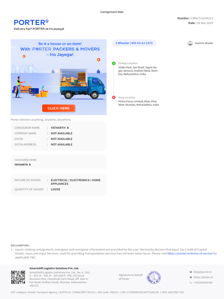 Porter Consignment Note (CRN1716204215) - 1 | PDF