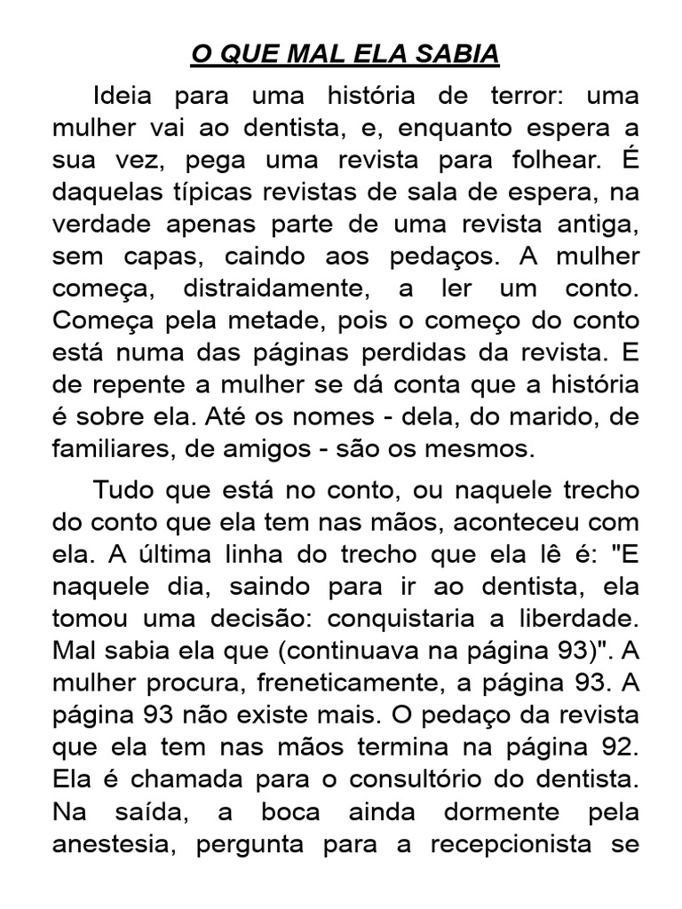 O QUE MAL ELA SABIA Conto e Atividades | PDF | Contos