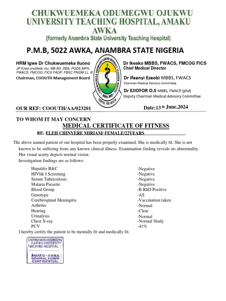 Anambra Medical Fitness Certificate | PDF | Self-Improvement | Wellness