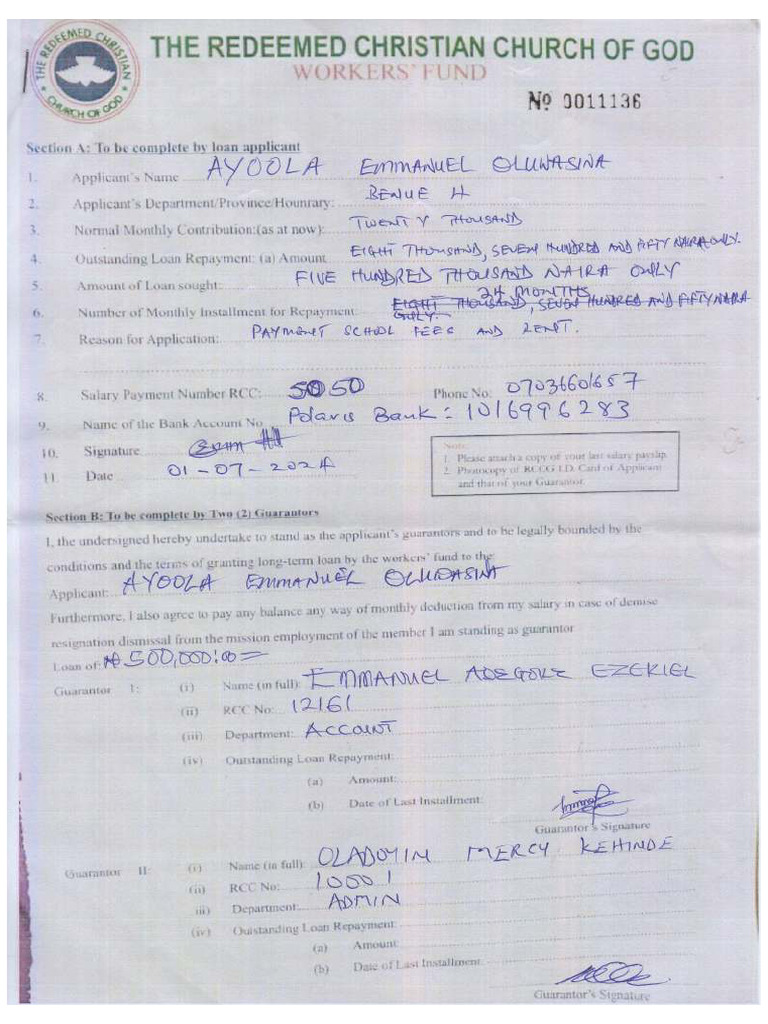 RCCG Workers Fund Form | PDF