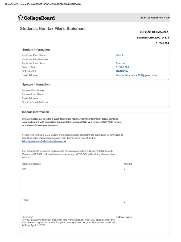 Non-Tax Filer Statement for 2024-25 | PDF | Irs Tax Forms | Taxes