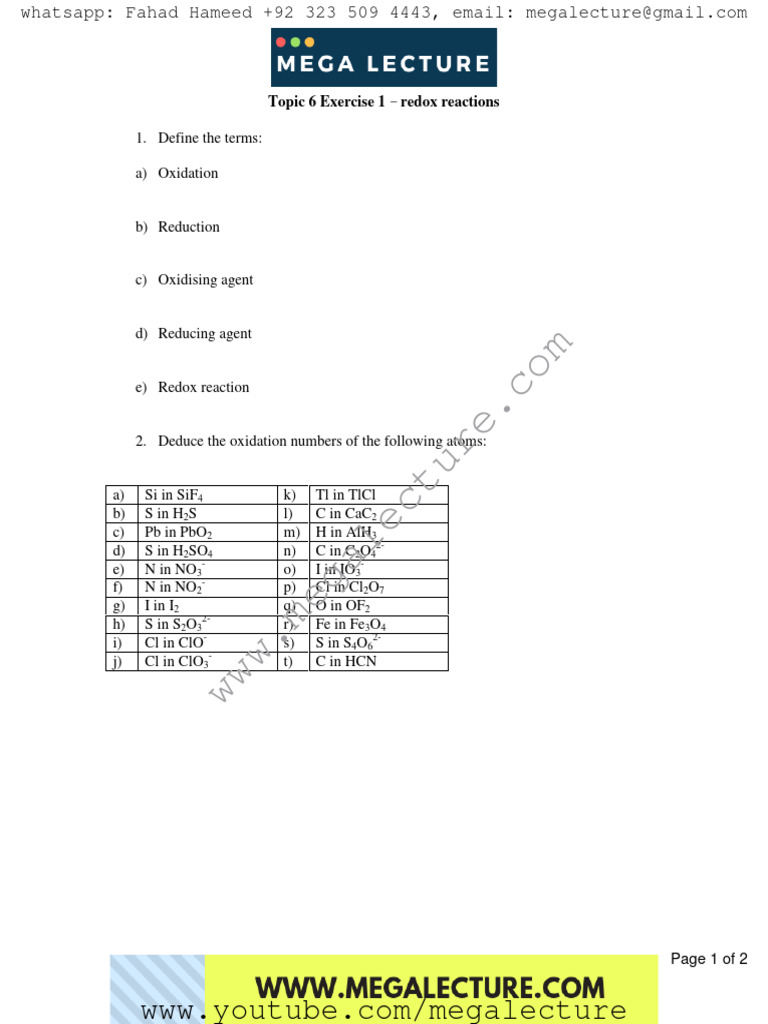 Topic 6 Exercise 1 - Redox Reactions | PDF | Science & Mathematics | Technology & Engineering