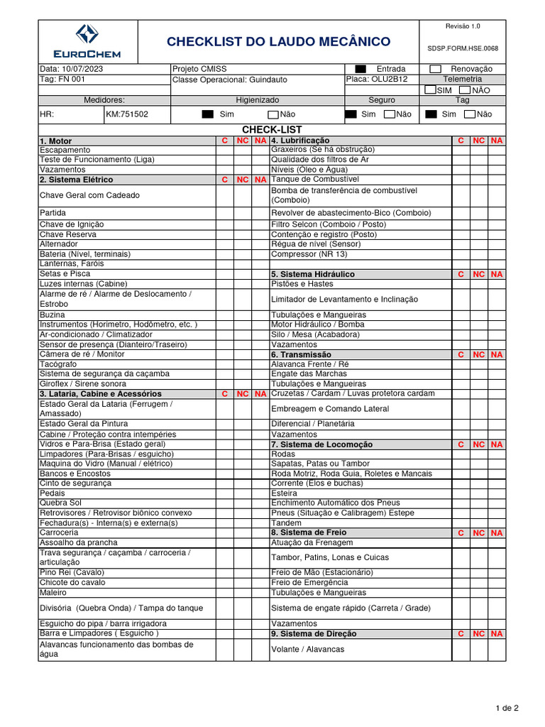 Checklist de Inspeção Mecânica Completo | PDF | Freio | Motores