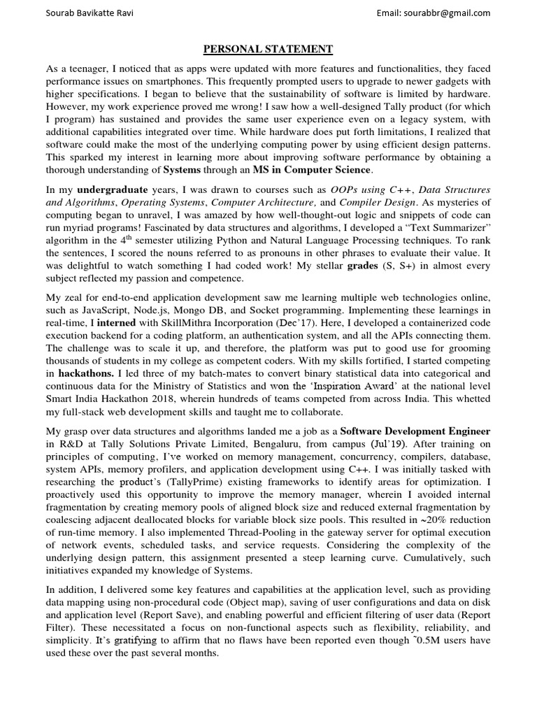 Sourab Personal Statement | PDF | Computing | Computer Programming