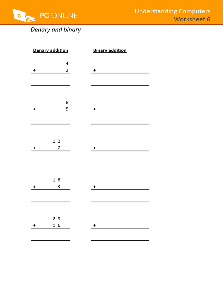 Binary Addition Worksheet Guide | PDF | Decimal | Worksheet