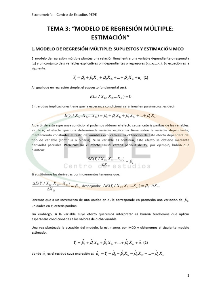 Tema 3. Modelo de Regresión Múltiple. Estimación. | PDF | Regresión lineal | Análisis de regresión