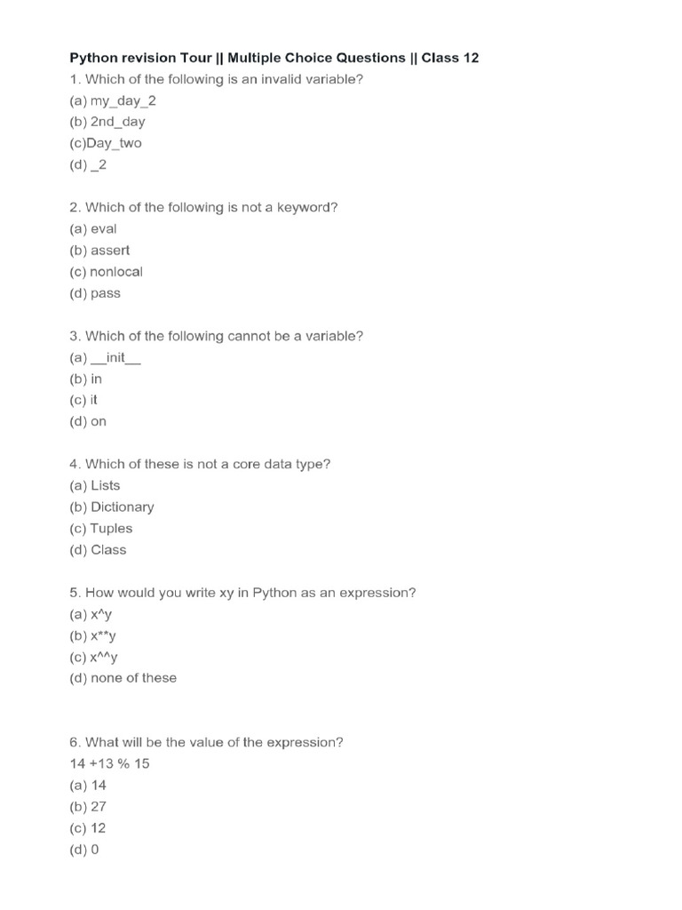 Class 12th Python MCQs | PDF