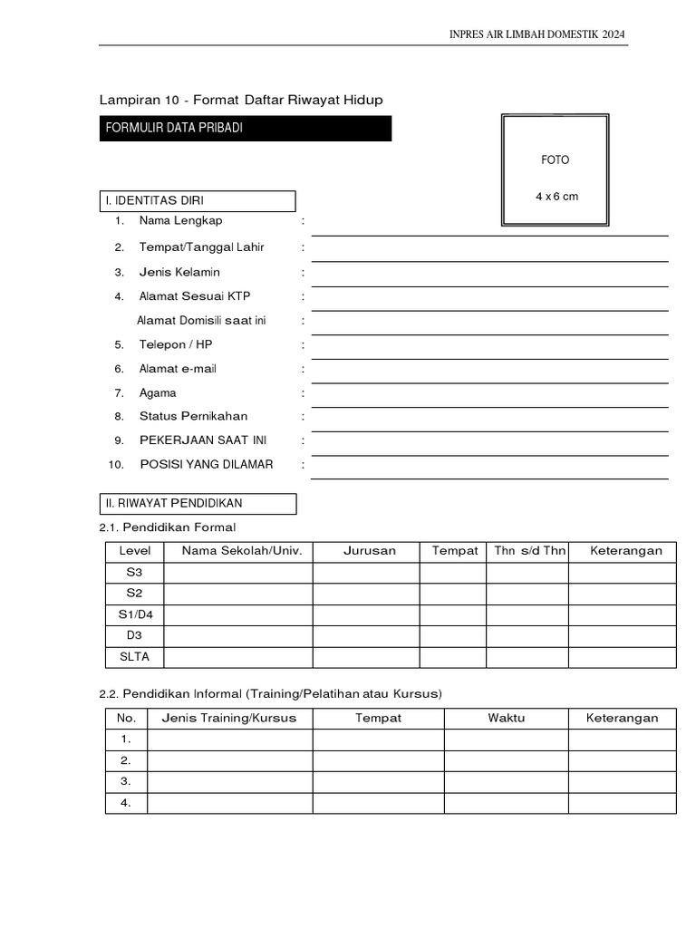 Format Dokumen Rekrutmen Inres Air Limbah 2024 BPPW Bengkulu | PDF