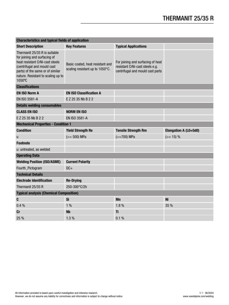 Thermanit 25/35 R: Heat Resistant Welding | PDF | Welding | Construction