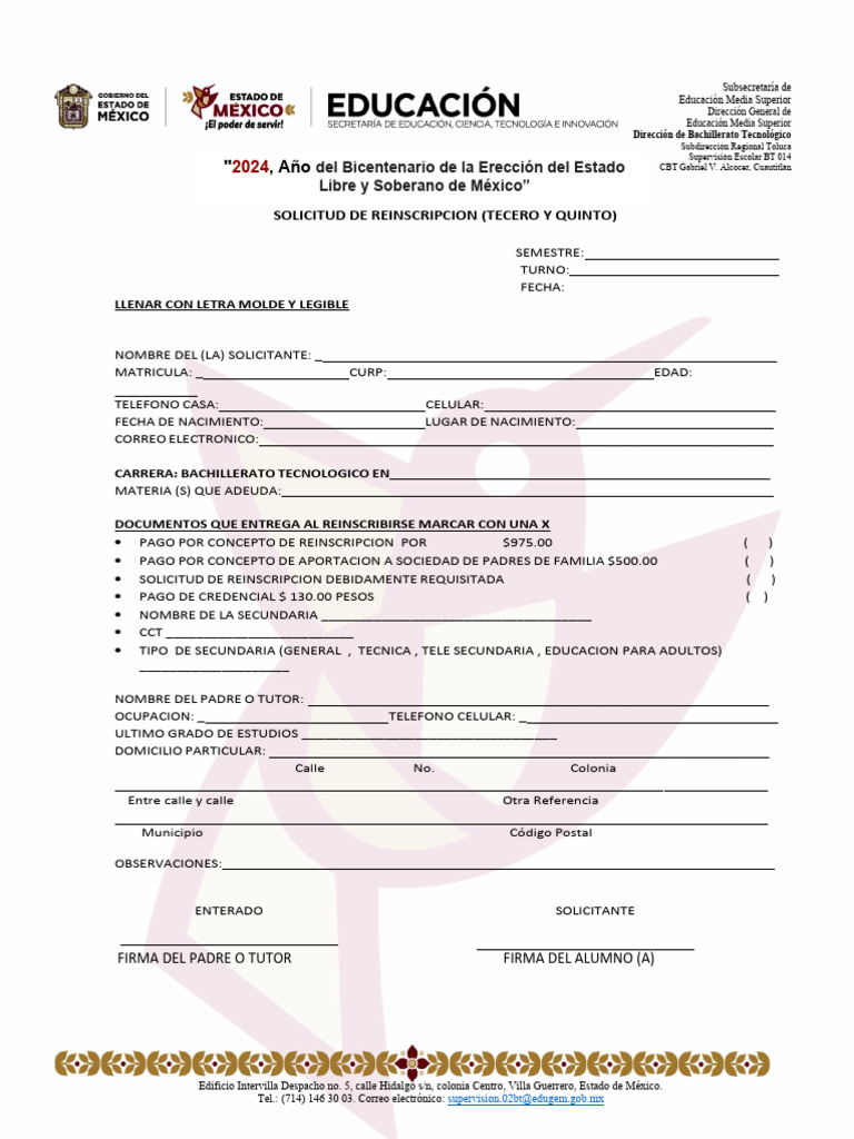 Solicitud de Reinscripcion Terceros y Quintos 2024-2025 | PDF | Etapas ...
