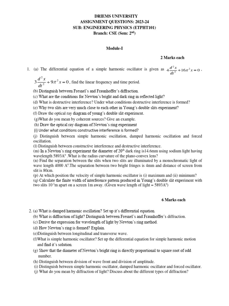 2nd Sem PHY Assignment Que 2023 24. | PDF | Waves | Uncertainty Principle