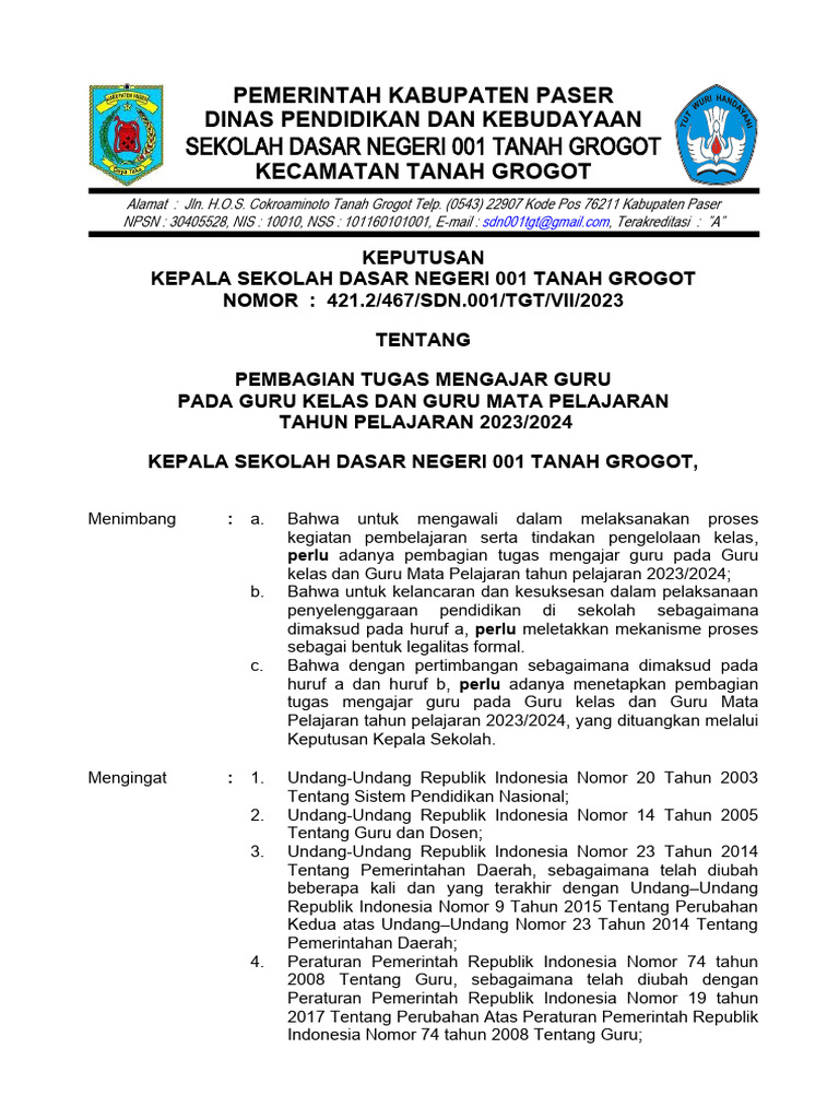 SK Pembagian Tugas Pendidik 2023 - 2024 New | PDF