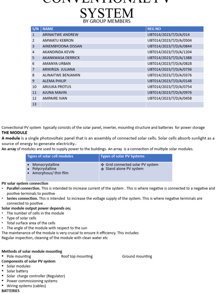 Group 2 Conventioal PV Sytems PERESENTATION | PDF | Solar Power ...