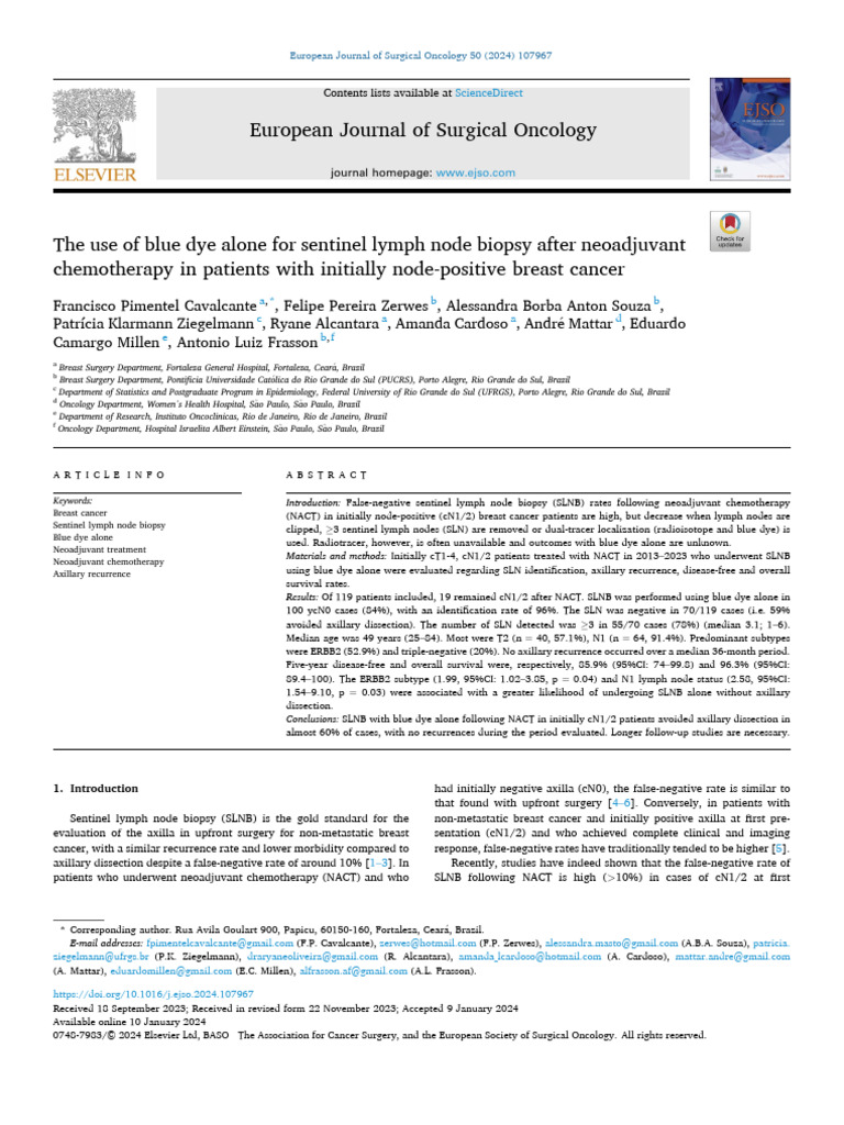 2024 Blue Dye Alone For Sentinel Lymph Node Biopsy After Neoadjuvant ...