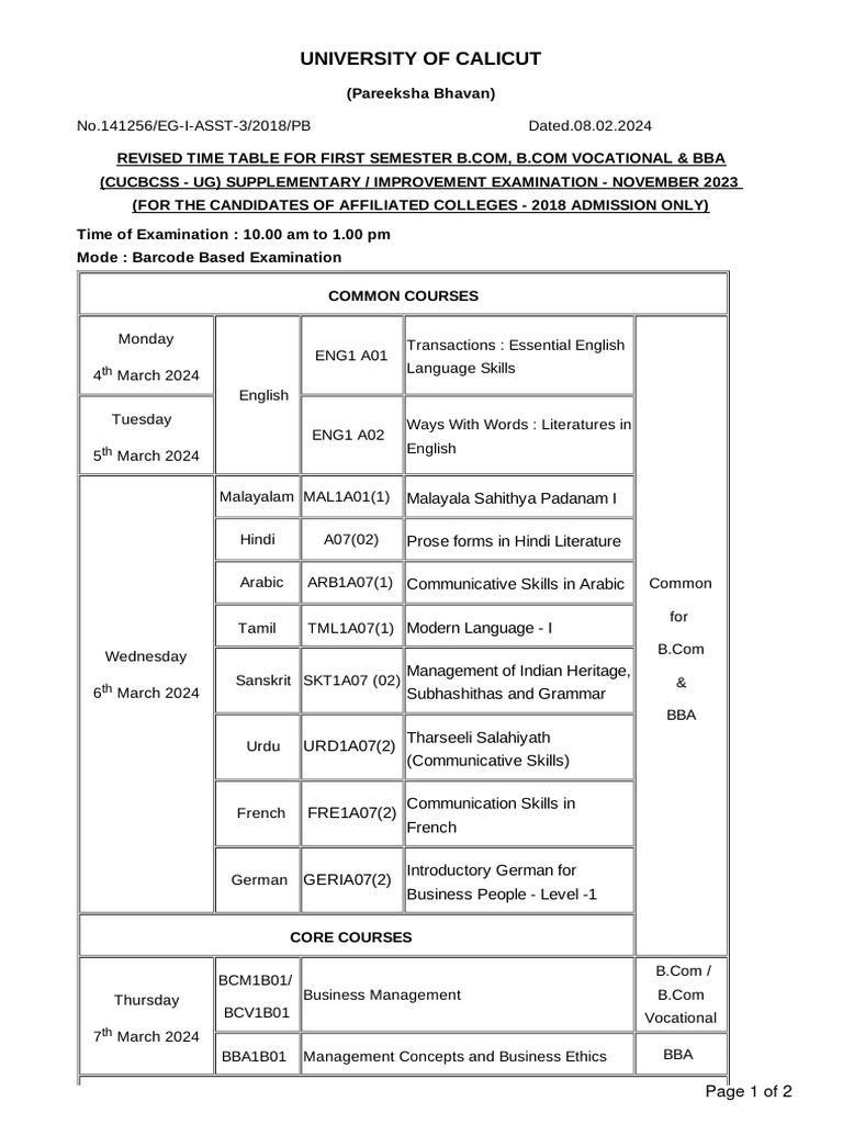 Revised TT-1st Sem B.com CUCBCSS | PDF | Languages Of India | Linguistics