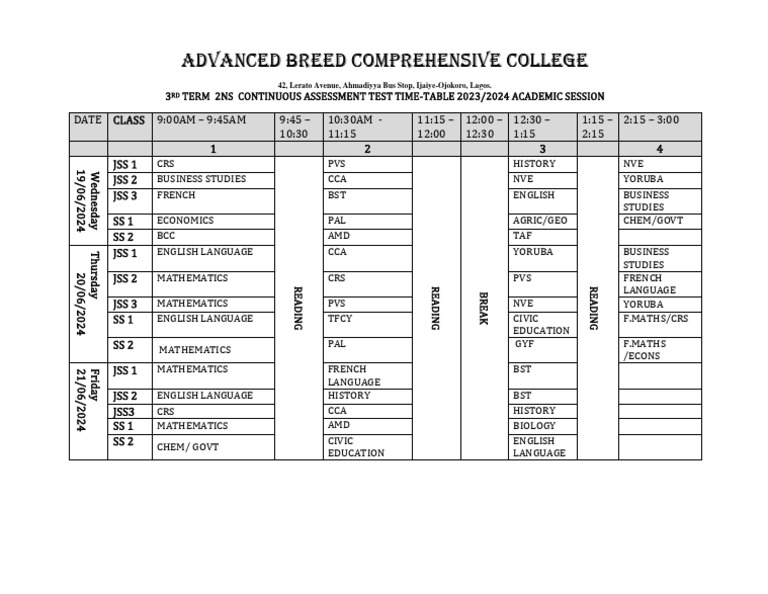 3rd Term 2nd CA Time Table 2024 | PDF