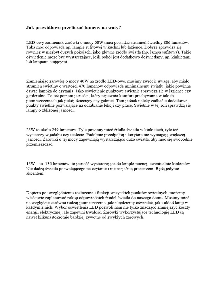 Jak Prawidłowo Przeliczać Lumeny Na Waty | PDF