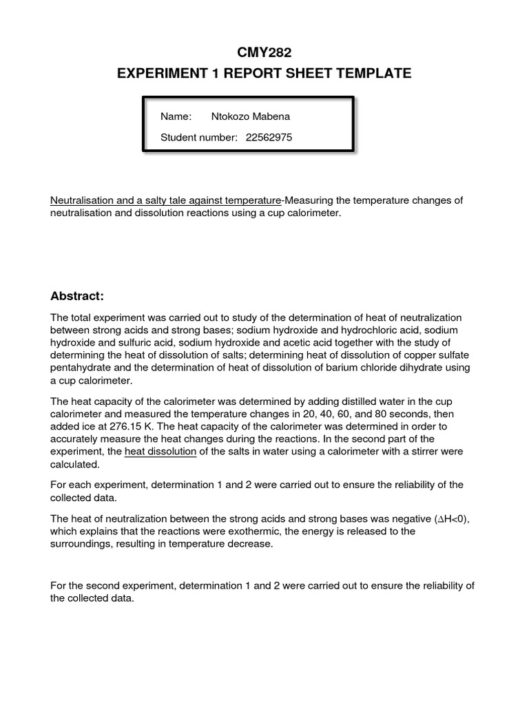 Experiment 1 Report | PDF | Acid | Chemical Reactions