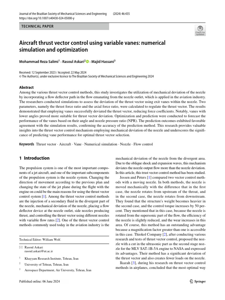 Aircraft Thrust Vector Control Using Variable Vanes: Numerical Simulation and Optimization | PDF ...