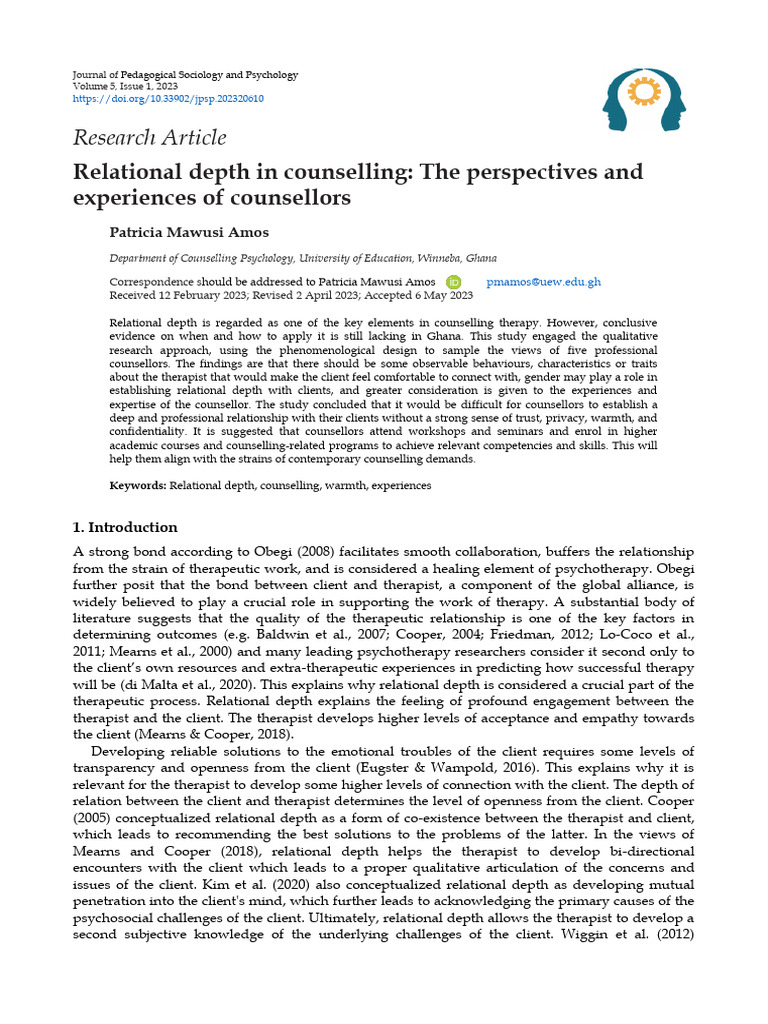 Relational Depth in Counselling The Perspectives and Experiences of Counsellors 13249 | PDF ...