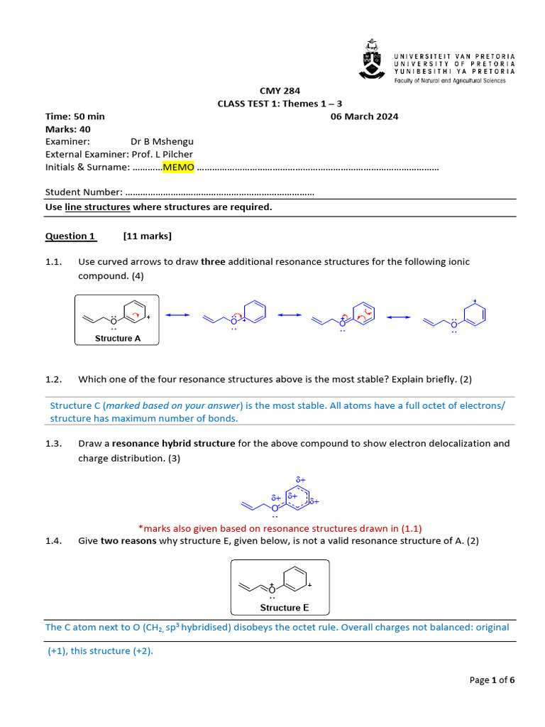 CMY 284 Class Test 1 2024 - MEMO | PDF | Aromaticity | Acid ...