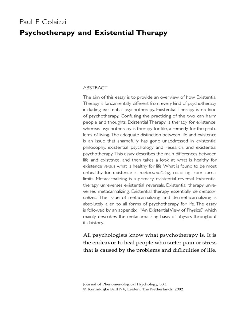 Psychotherapy and Existential Therapy (Journal of Phenomenological Psychology, Vol. 33, Issue 1 ...