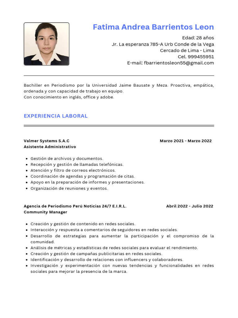 Fatima Barrientos Leon - CV Documentado | PDF | Documento de identidad