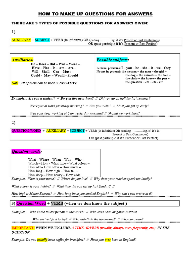 How To Make Up Questions For Answers | PDF | Verb | Subject (Grammar)