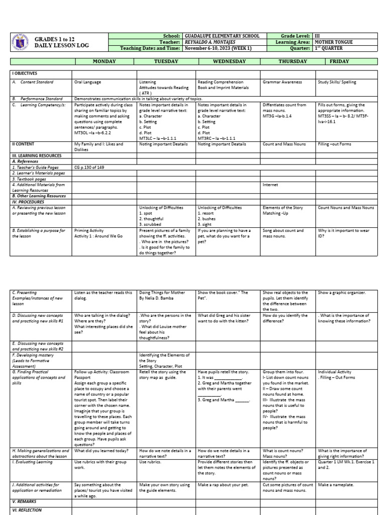 DLL - MTB 3 - Q1 - W1 Ok | PDF | Differentiated Instruction | Learning