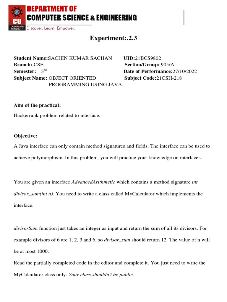 Exp 2.3 Java | PDF | Method (Computer Programming) | Interface (Computing)