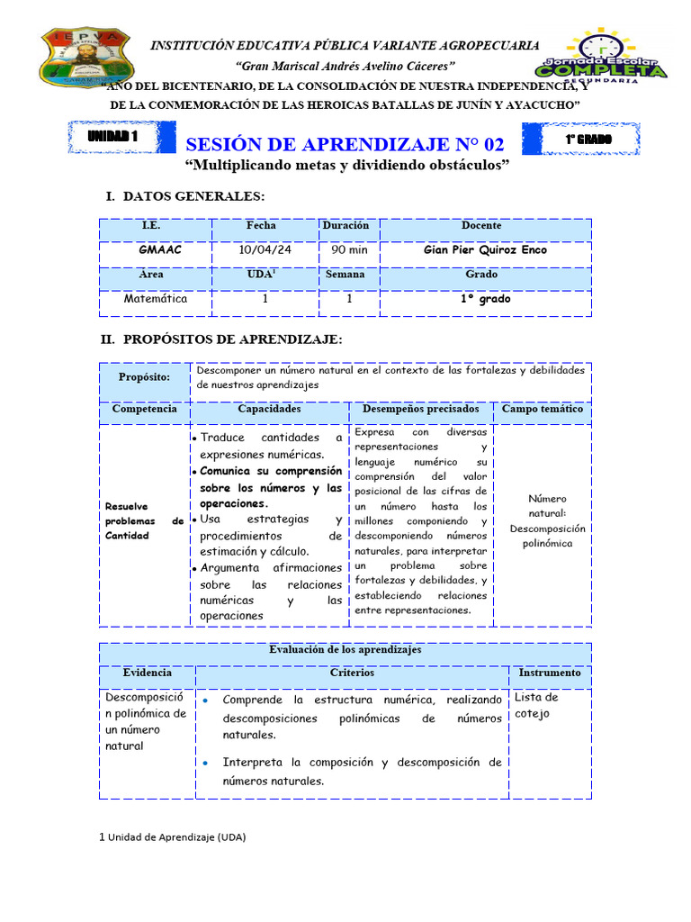 1° Sesión de Aprendizaje N 2 | PDF | Aprendizaje | Evaluación
