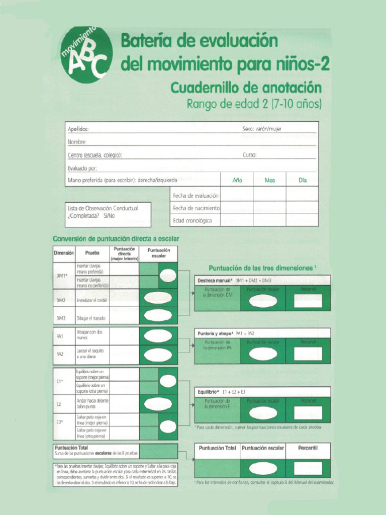 Evaluación de La Batería de Evaluación Del Movimiento para Niños-2 (Mabc-2) | PDF