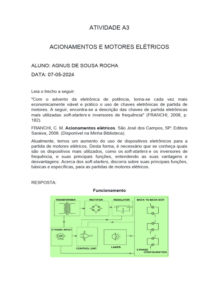 Atividade A3 Acionamento e Motores Elétricos | PDF | Eletrônicos | Motores