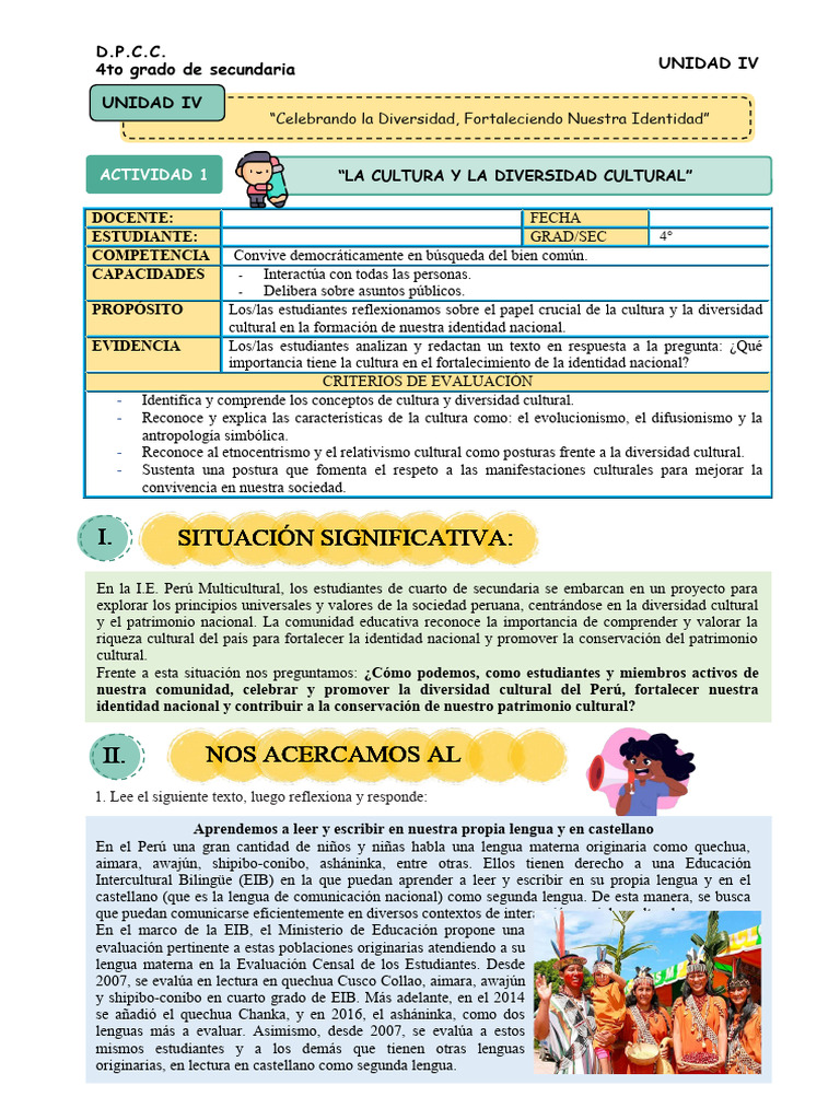 4° DPCC - Actv.01-Uni.4 2024 | PDF | Sociedad | Antropología