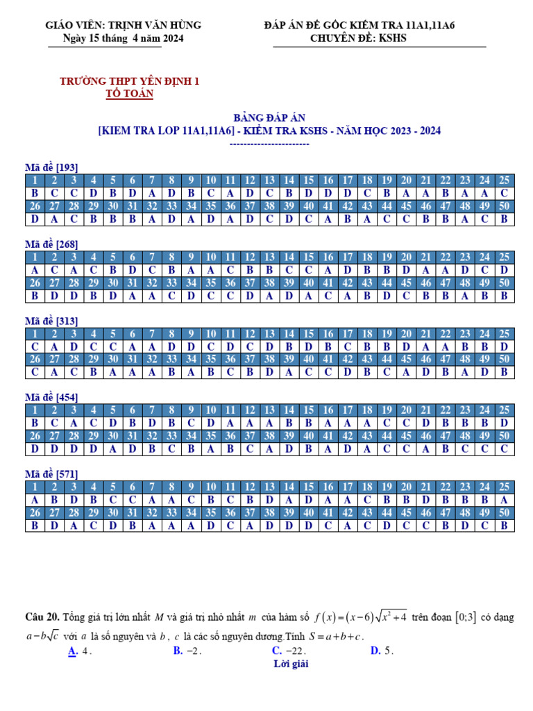 ĐÁP ÁN ĐỀ GỐC - KSHS 11A111A6 | PDF