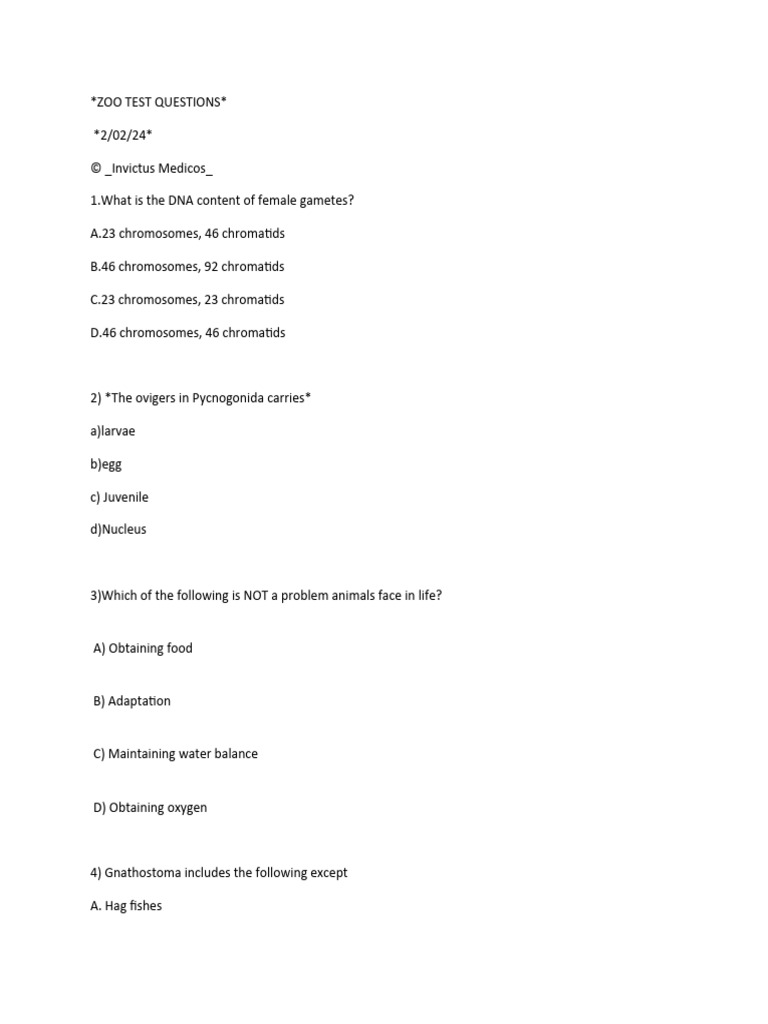 Zoo Test Questions and Answers | PDF | Meiosis | Fertilisation