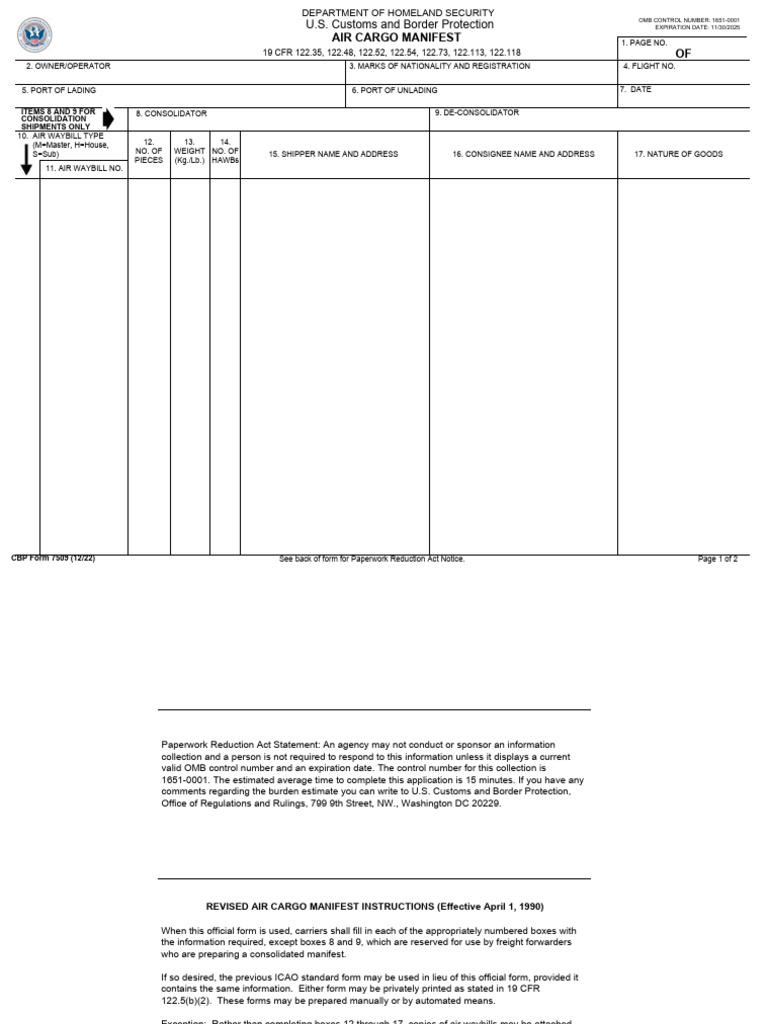 CBP Form 7509 | PDF | Cargo | U.S. Customs And Border Protection