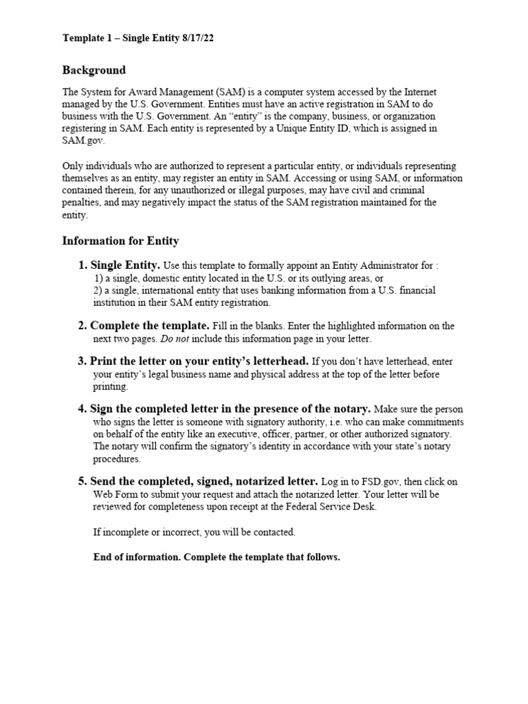SAM Entity Administrator Letter Template1 Single Entity | PDF ...