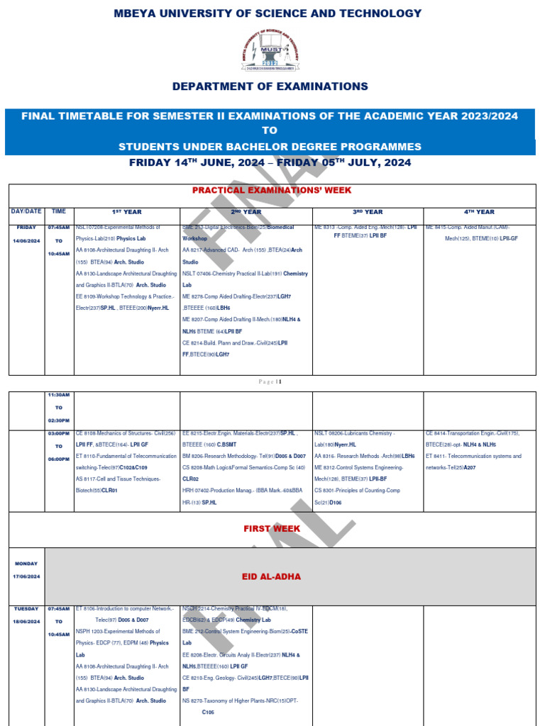 Must - Bachelor - Final Examination Timetable - Semester II 2023-2024 - 07!06!2024 | PDF ...