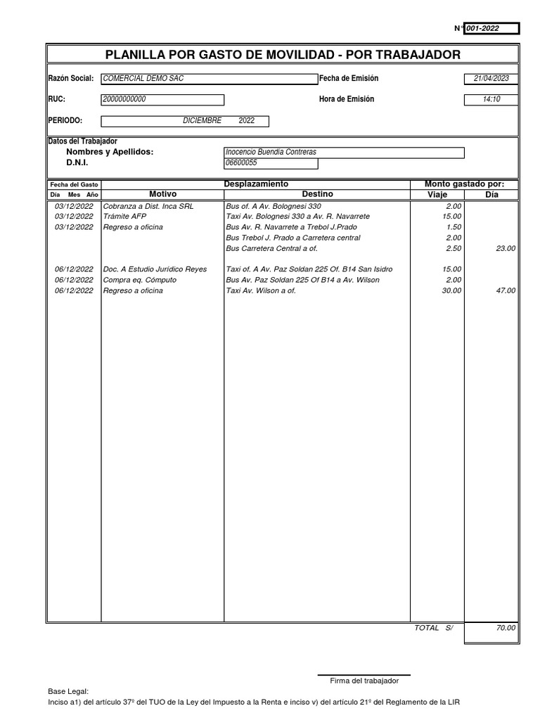 Modelo Planilla de Movilidad 1.0 | PDF