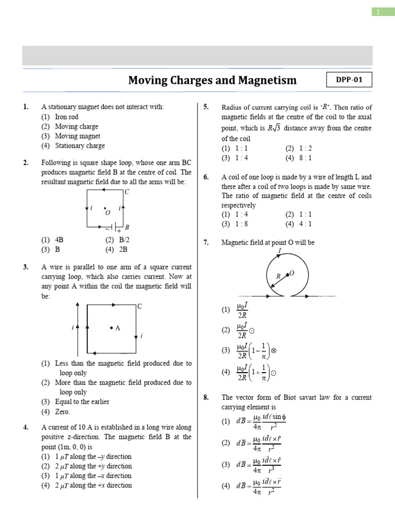 DPP-1 Magentic Effect of Electric Current and Magnetism ANS | PDF | Magnetic Field | Magnetism
