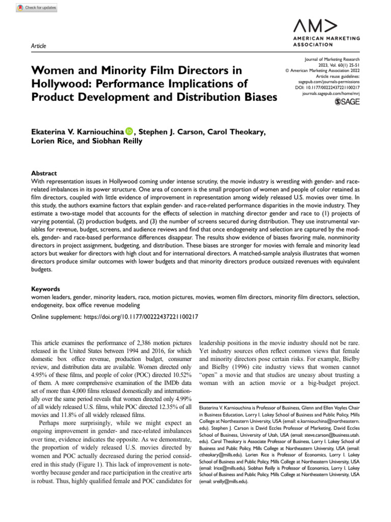 Women and Minority Film Directors in Hollywood Performance Implications ...