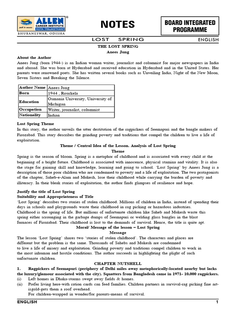 02 English - Notes (Lost Spring +KEEPING QUIET) | PDF | Metaphor | Poverty